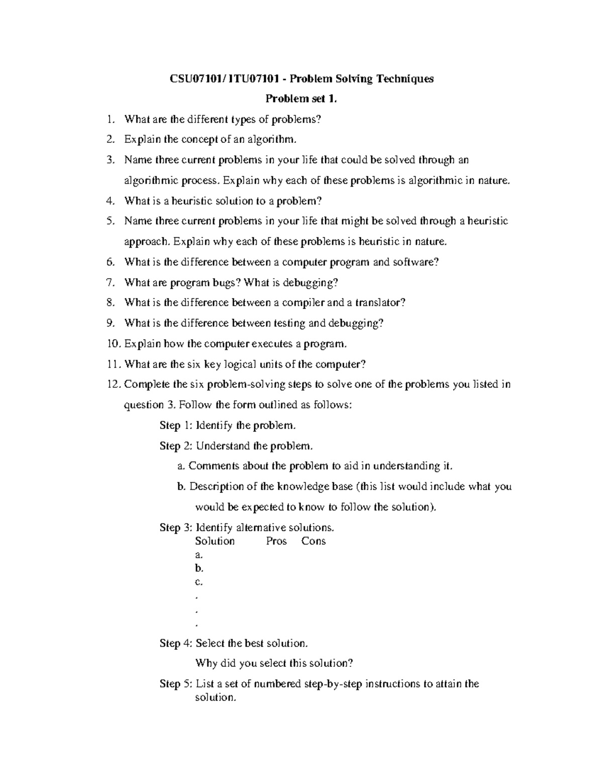 Problem set 1 - these are helpful study materials - CSU07101/ ITU07101 ...