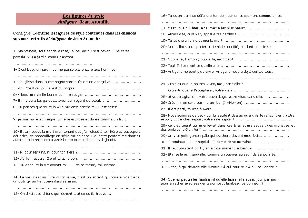 Figures de style exercice - Les figures de style Antigone, Jean Anouilh ...