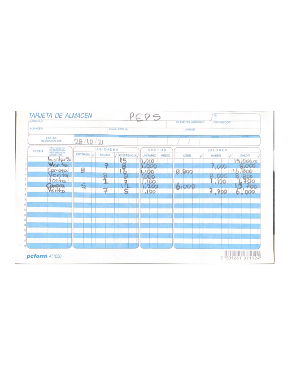 Tarjetas De Almacen - Manejo de la contabilidad administrativa - Studocu