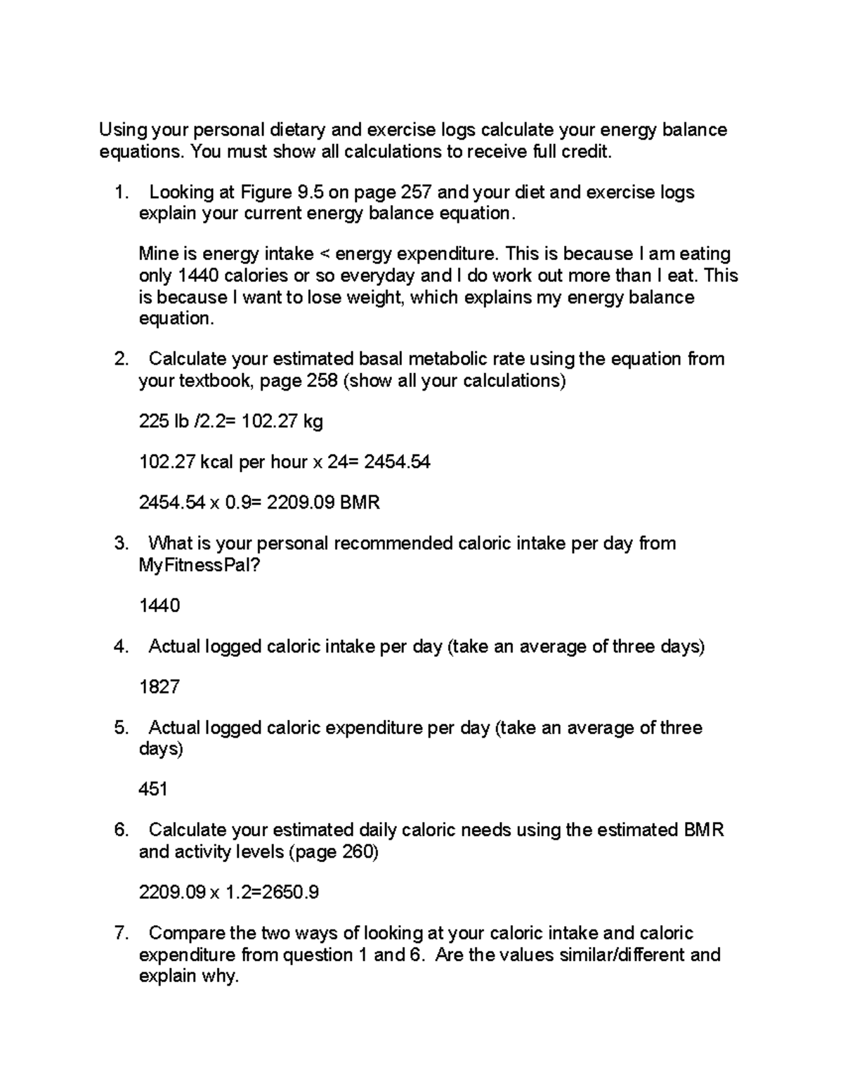 Energy Balance Equations Wkst - Using your personal dietary and ...