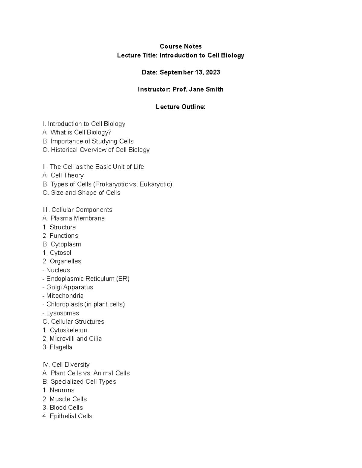 Intro TO CELL BIO - Lecture 1 - Course Notes Lecture Title ...