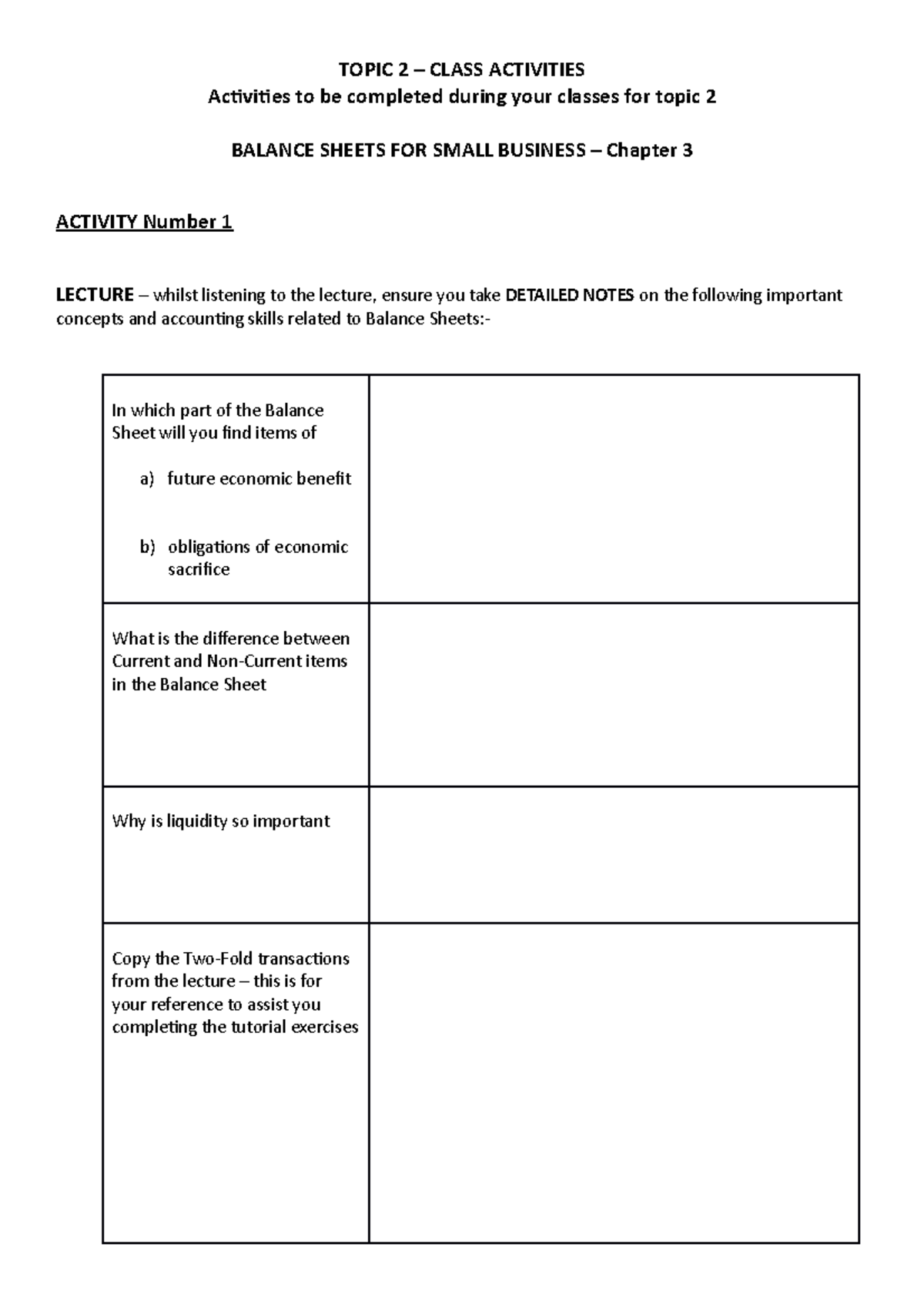 Topic 2 - Activities to do During class - TOPIC 2 – CLASS ACTIVITIES ...