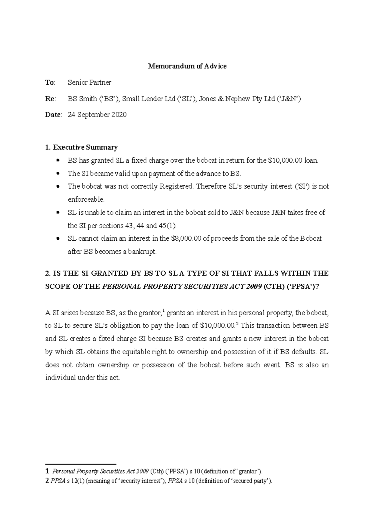 Memorandum of Advice - Memorandum of Advice To: Senior Partner Re: BS ...