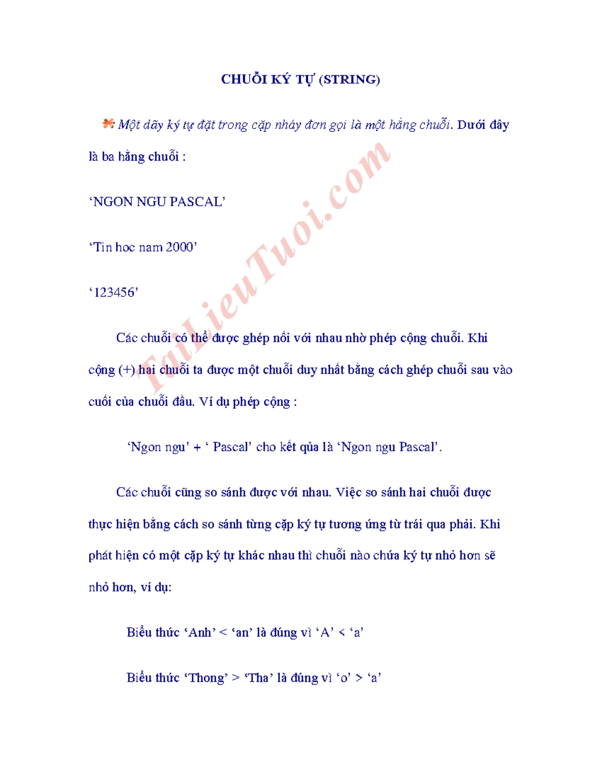 CHUỖI KÝ TỰ ( String) (download tai tailieutuoi - CHUỖI KÝ TỰ (STRING ...