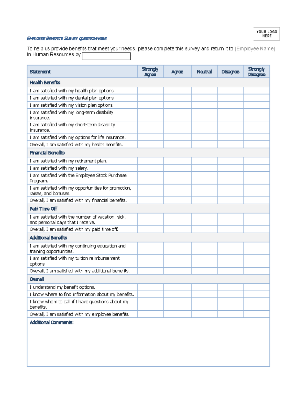 Questionnaire Template 0777 - EMPLOYEE BENEFITS SURVEY QUESTIONNAIRE To ...