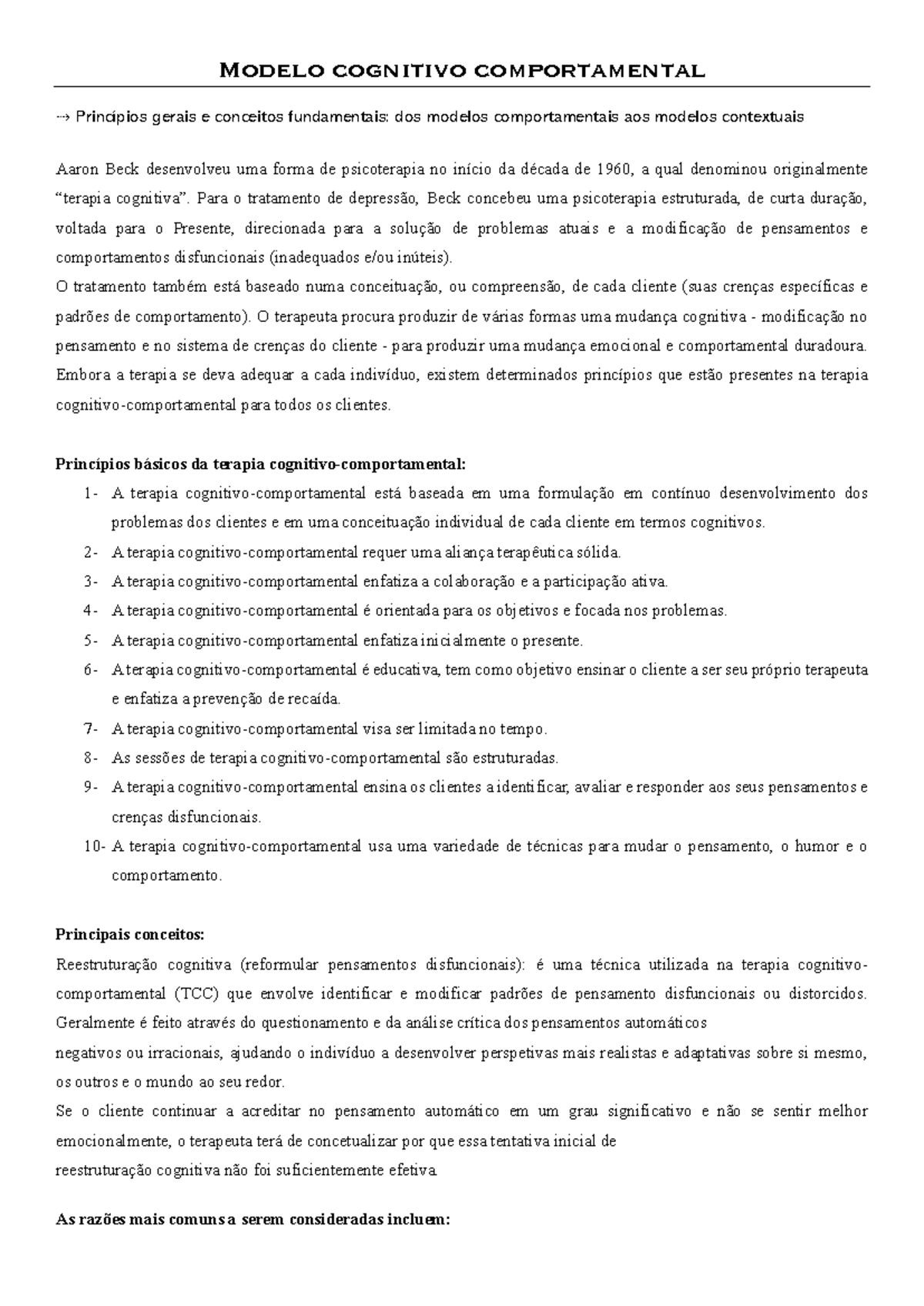 Psicologia clínica 2 - Modelo cognitivo comportamental ⇢ Princípios ...