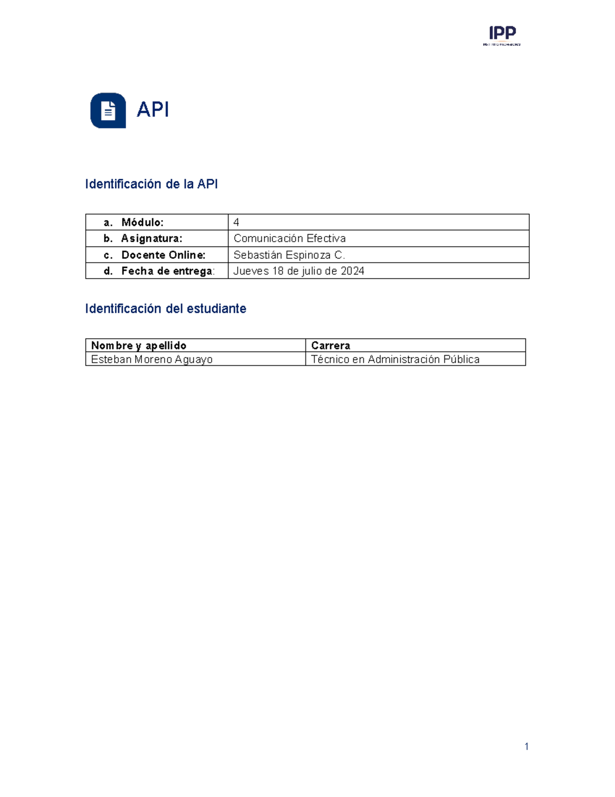 API N° 4 Comunicacion Efectiva - API Identificación de la API a. Módulo ...
