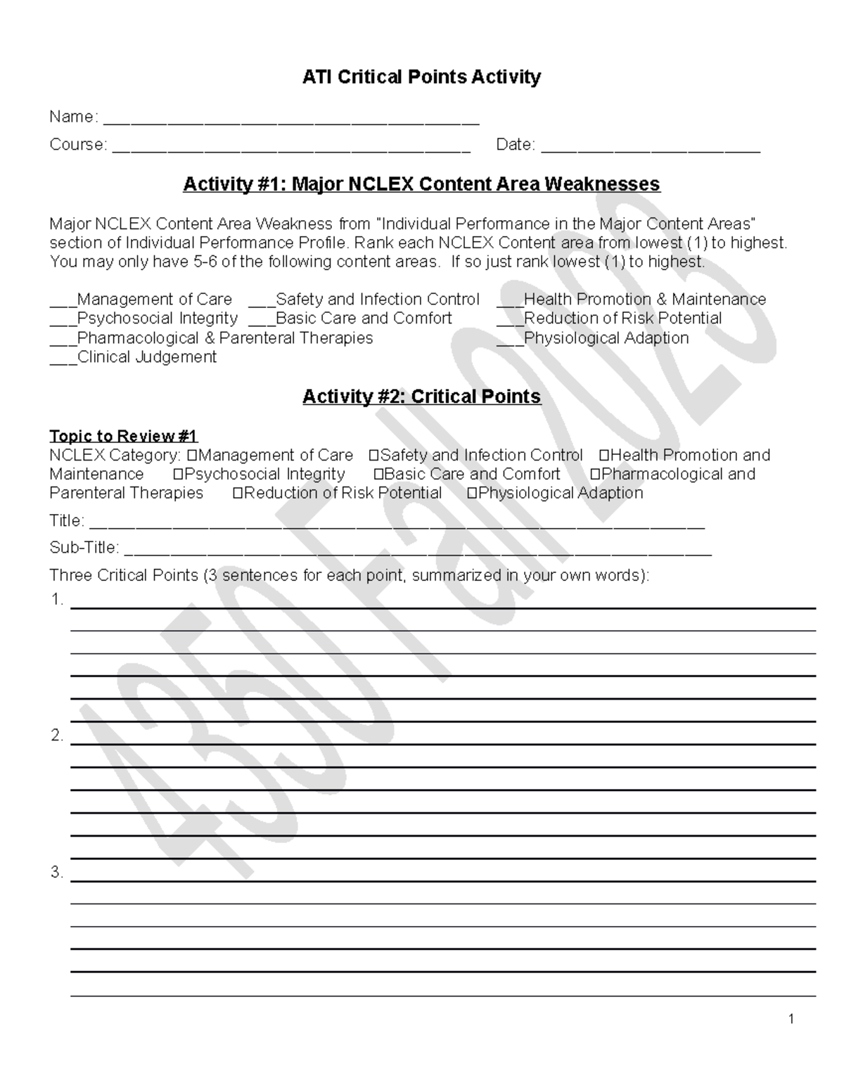 ATI Critical Points Activity-1 - ATI Critical Points Activity Name ...