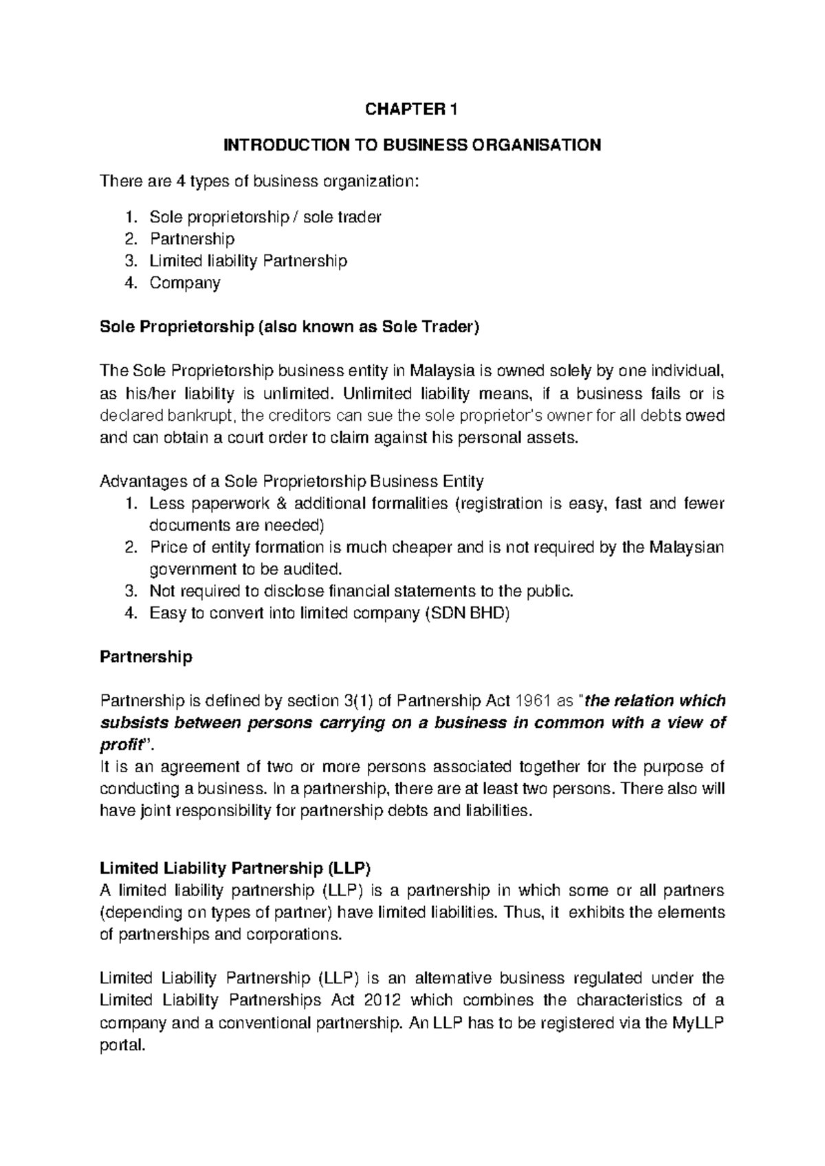 LAW346 Chapter 1 & 2 - CHAPTER 1 INTRODUCTION TO BUSINESS ORGANISATION There are 4 types of ...