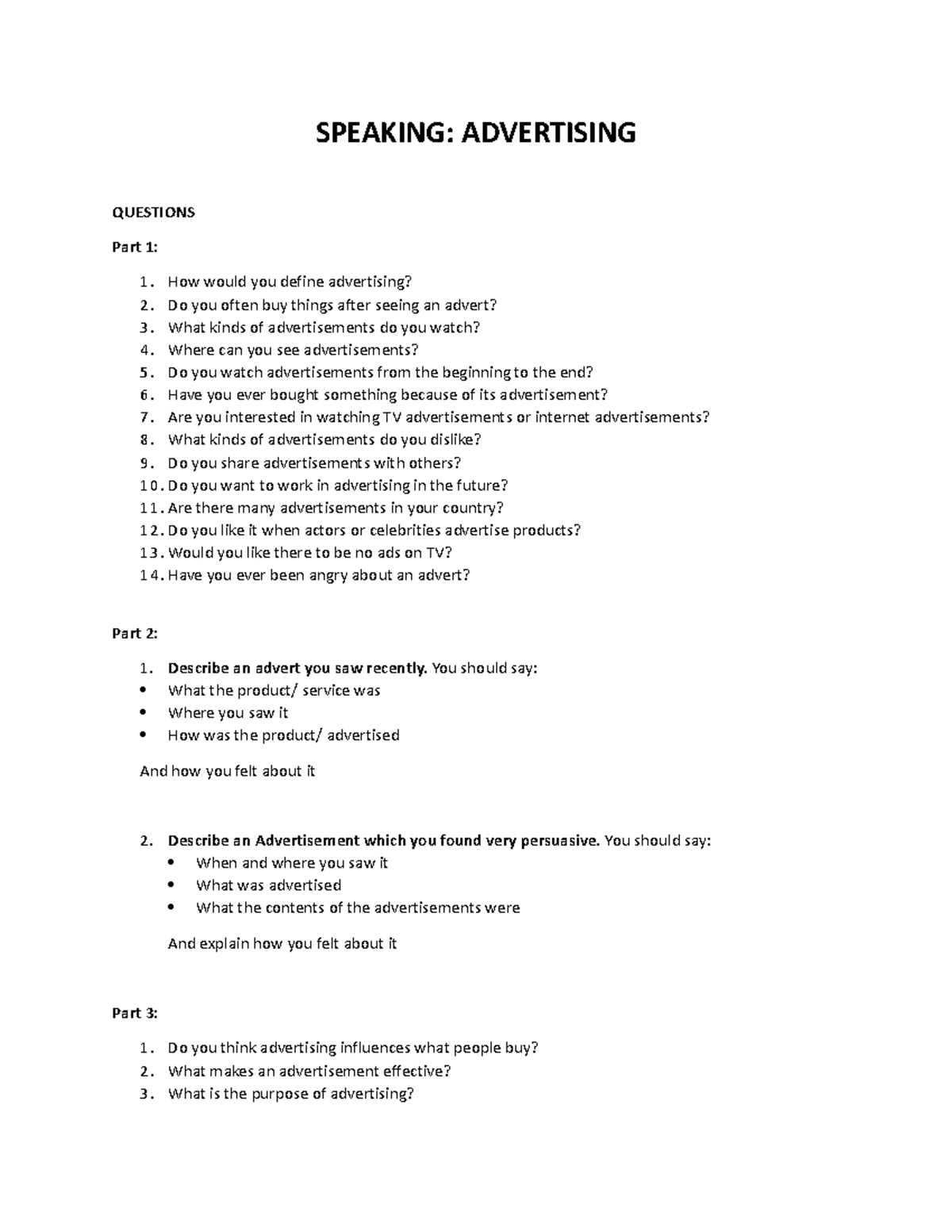 Advertising - just for fun - SPEAKING: ADVERTISING QUESTIONS Part 1 ...