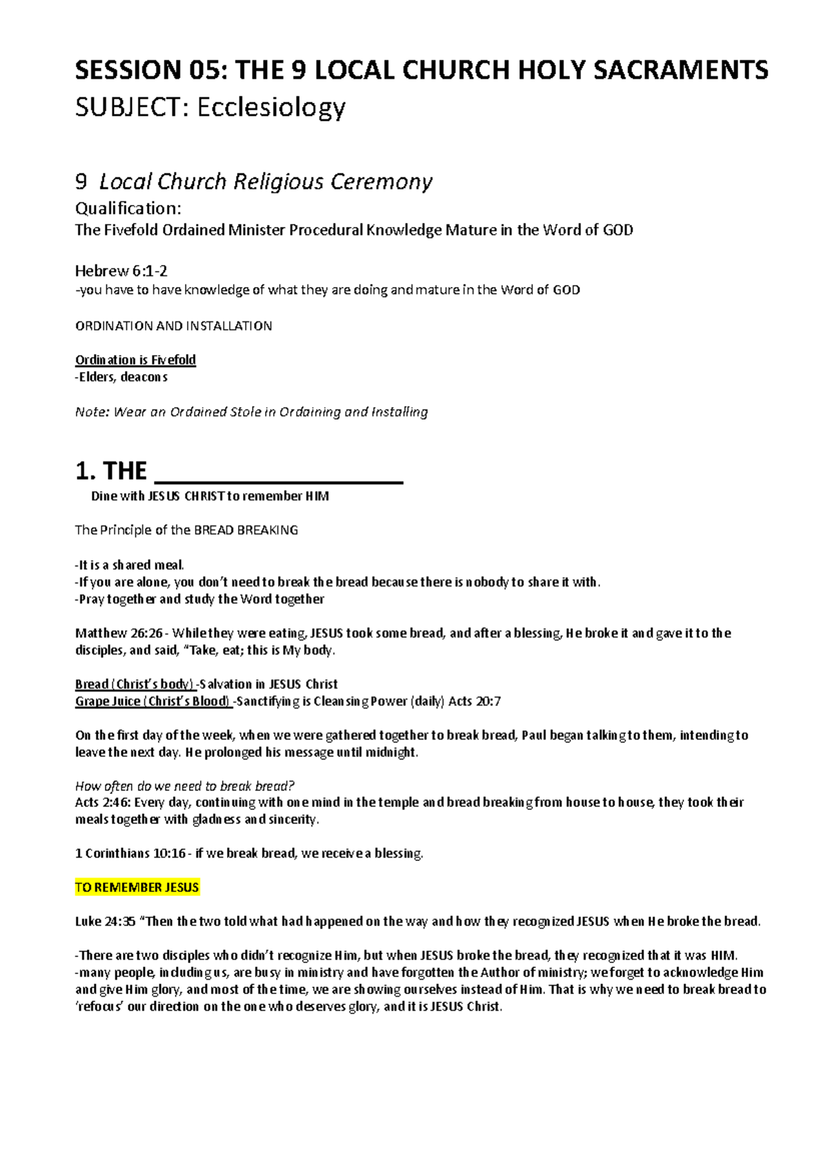 Outline Session 5 9 Church Holy Sacraments - SESSION 05 : THE 9 LOCAL ...