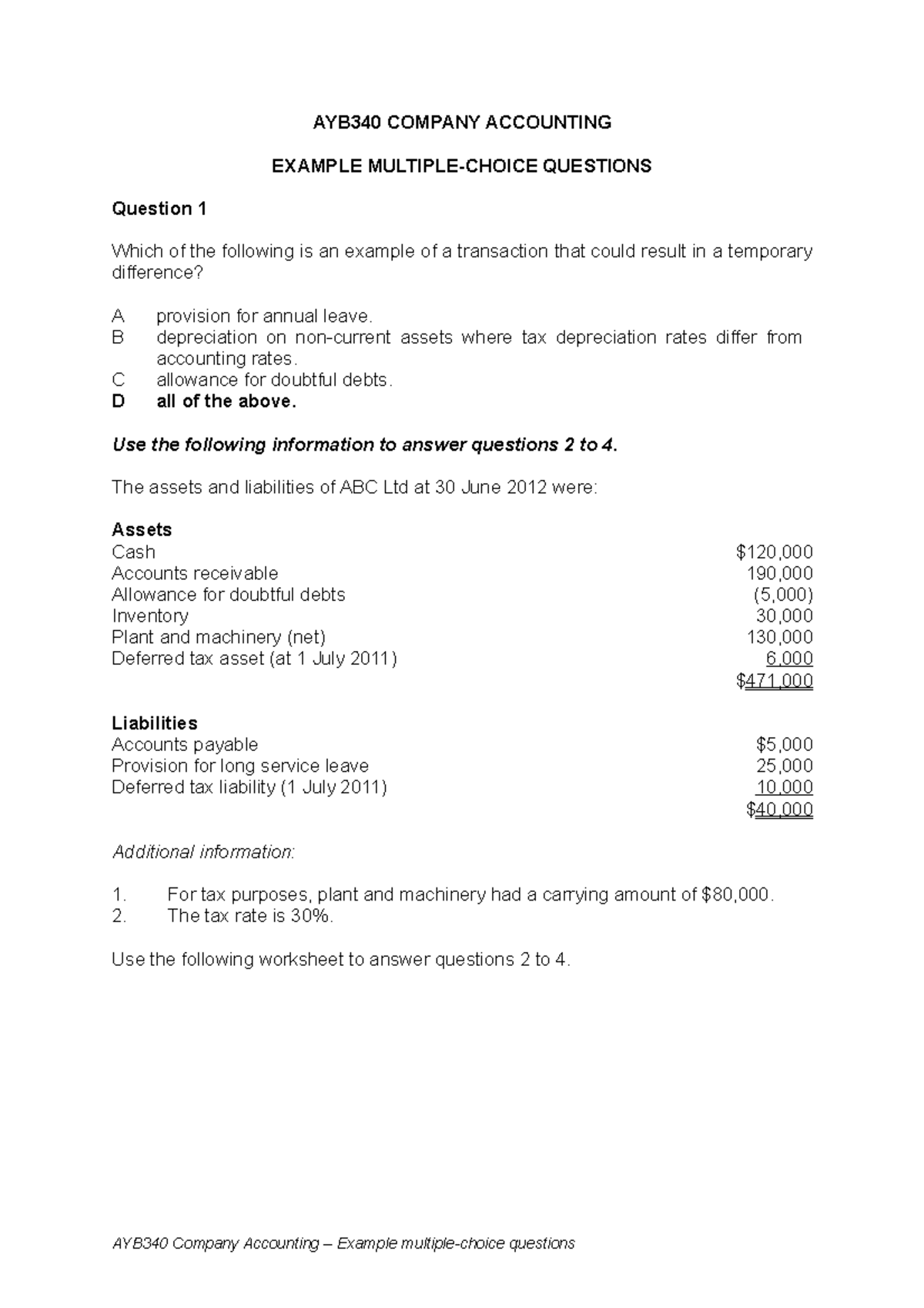 Sample/practice exam, questions - AYB340 COMPANY ACCOUNTING EXAMPLE ...