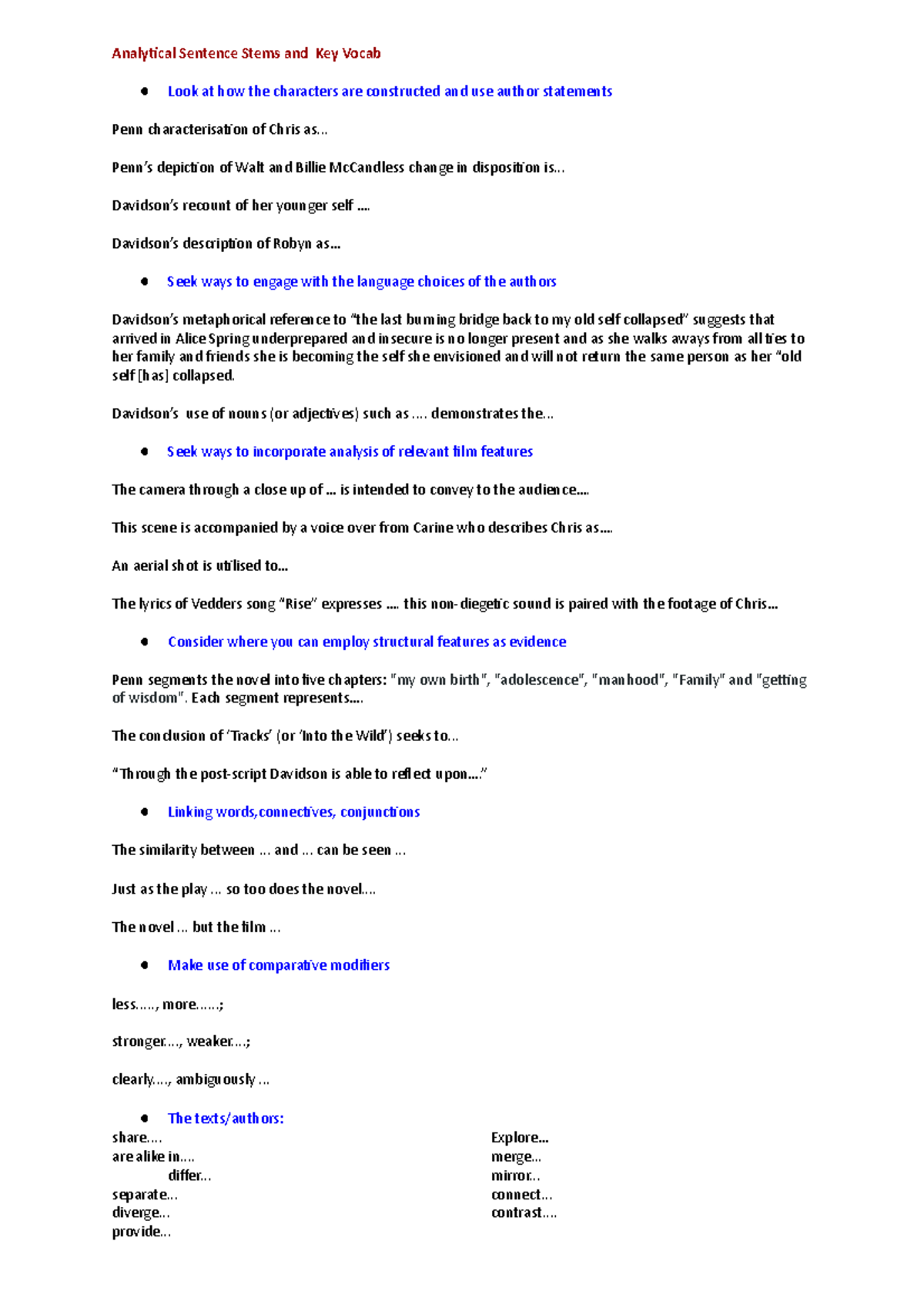 ITW Tracks - Writing resource - Analytical Sentence Stems and Key Vocab ...