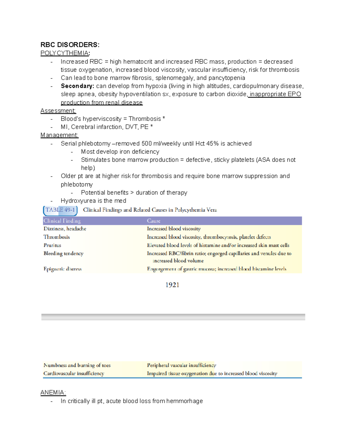 Anemia - RBC DISORDERS: POLYCYTHEMIA: Increased RBC = high hematocrit ...