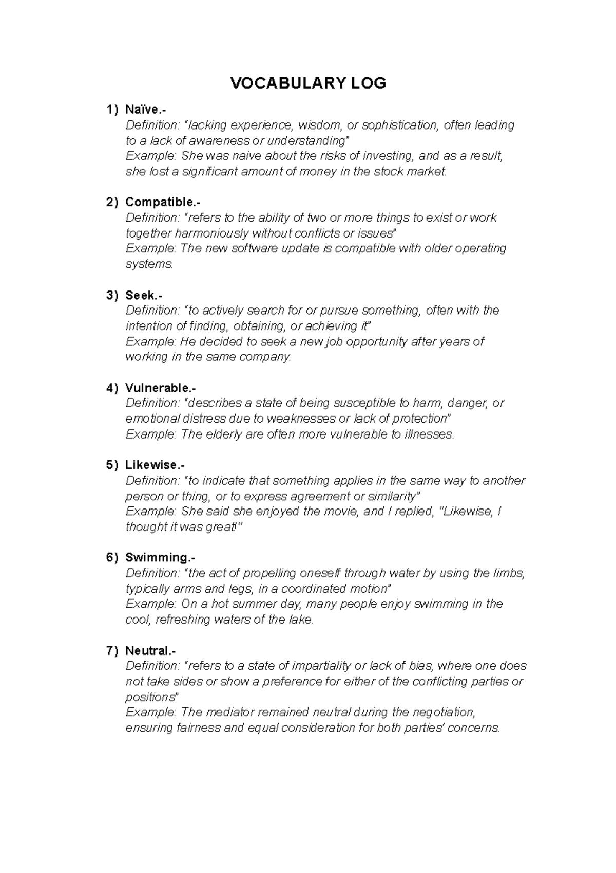 Vocabulary LOG - inglés - VOCABULARY LOG Naïve.- Definition: “lacking ...