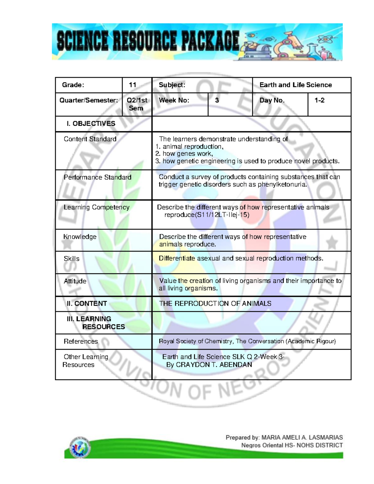 Earth and Life Sci S Q2 DLP Week 3 - Grade: 11 Subject: Earth and Life ...