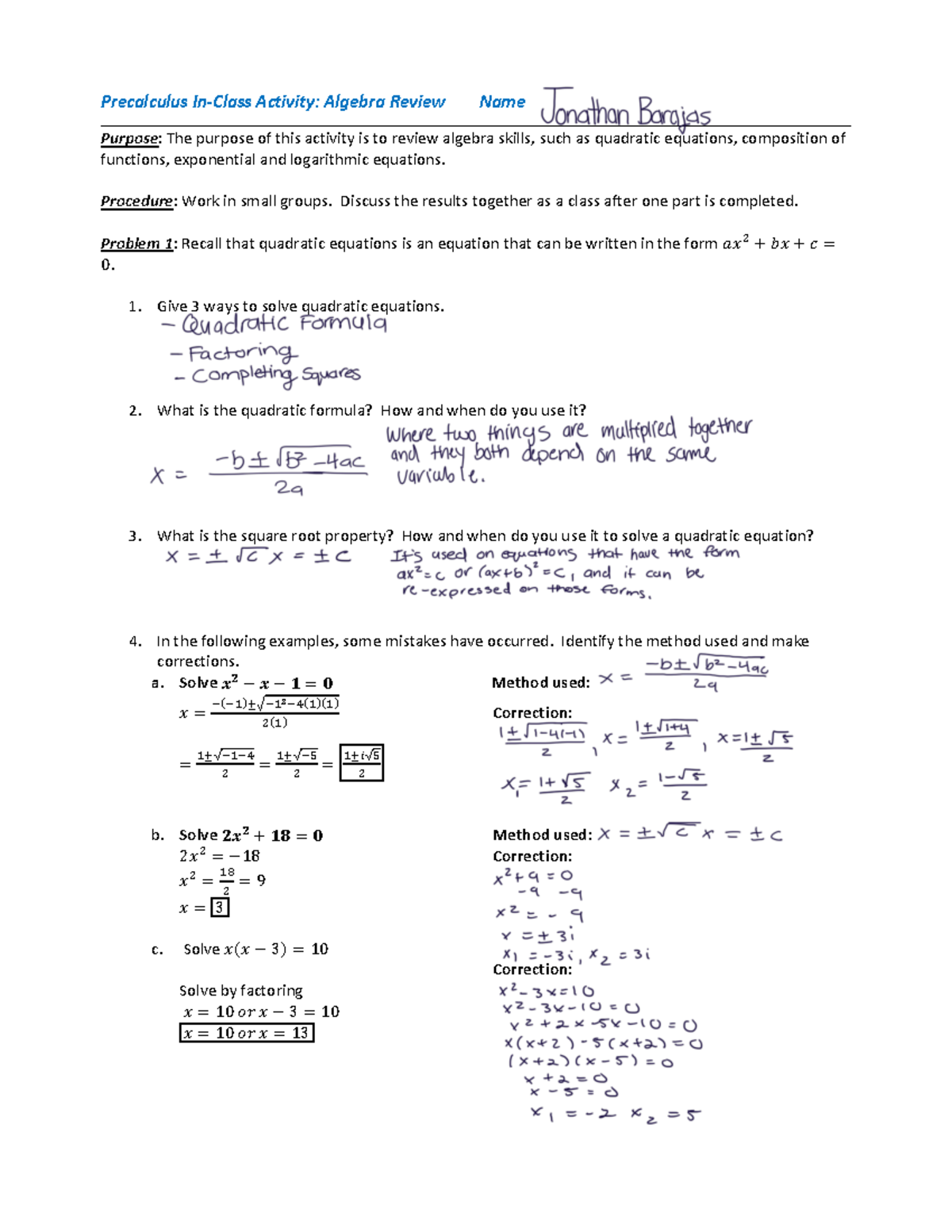 Algebra+GA+5-Algebra+Review - Precalculus In-Class Activity: Algebra ...
