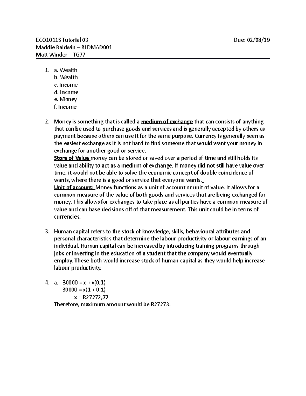 ECO1011S Tutorial 03 - Wealth b. Wealth c. Income d. Income e. Money f ...