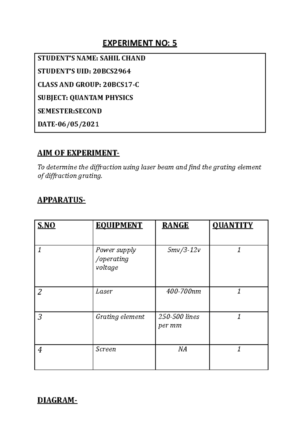 Sahil Quantum 5 - 1 year lab practical worksheets - EXPERIMENT NO: 5 ...