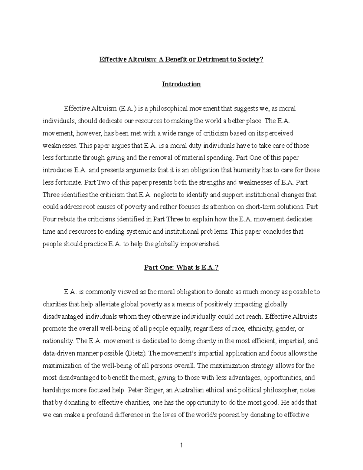 PSC 363 Effective Altruism Final Paper - Effective Altruism: A Benefit ...