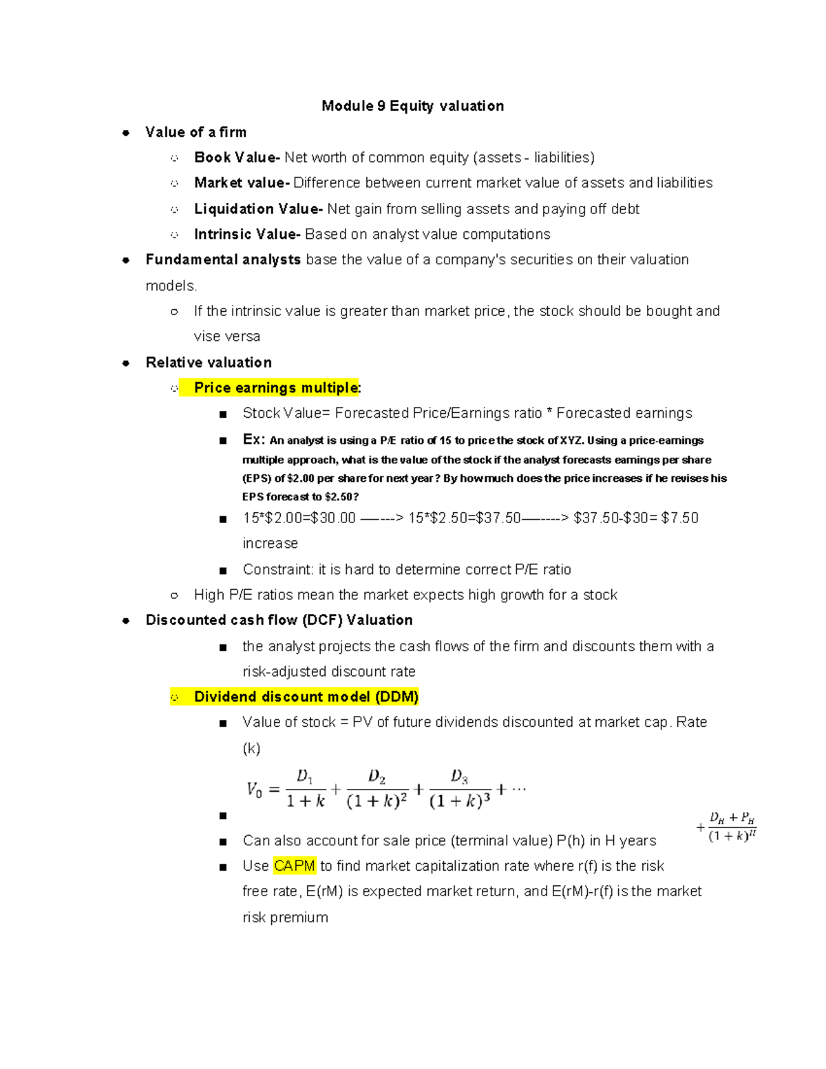 Investments Study guide - Module 9 Equity valuation Value of a firm Book Value- Net worth of ...