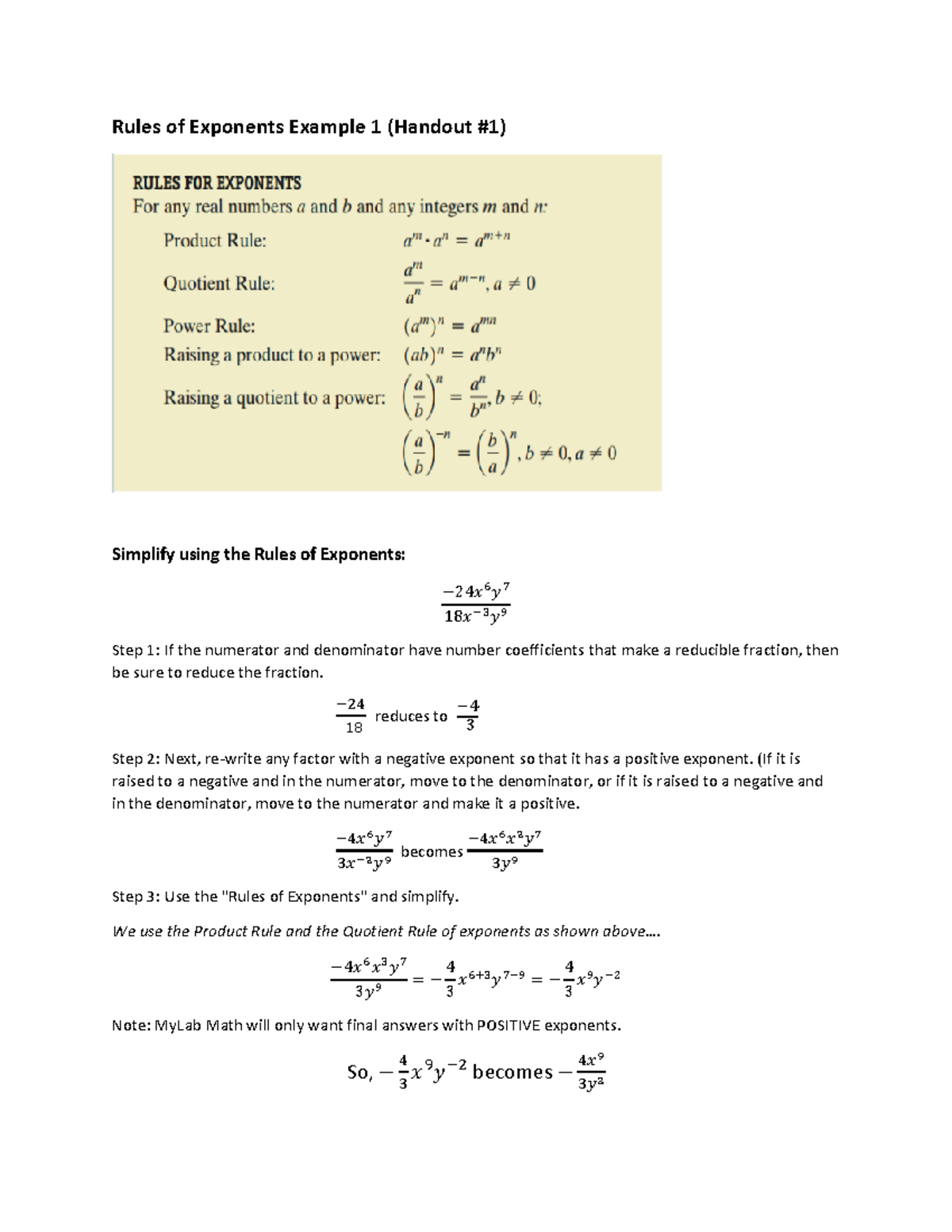 Rules of Exponents Handout 1 - Rules of Exponents Example 1 (Handout #1 ...