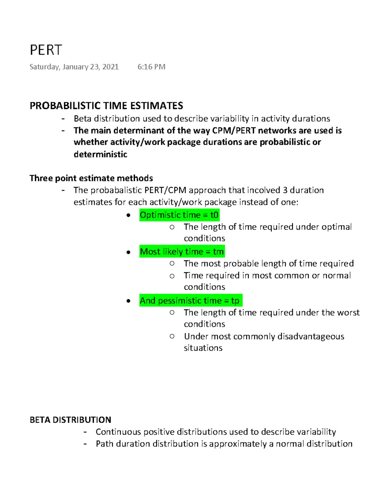 PERT - notes - PROBABILISTIC TIME ESTIMATES Beta distribution used to ...