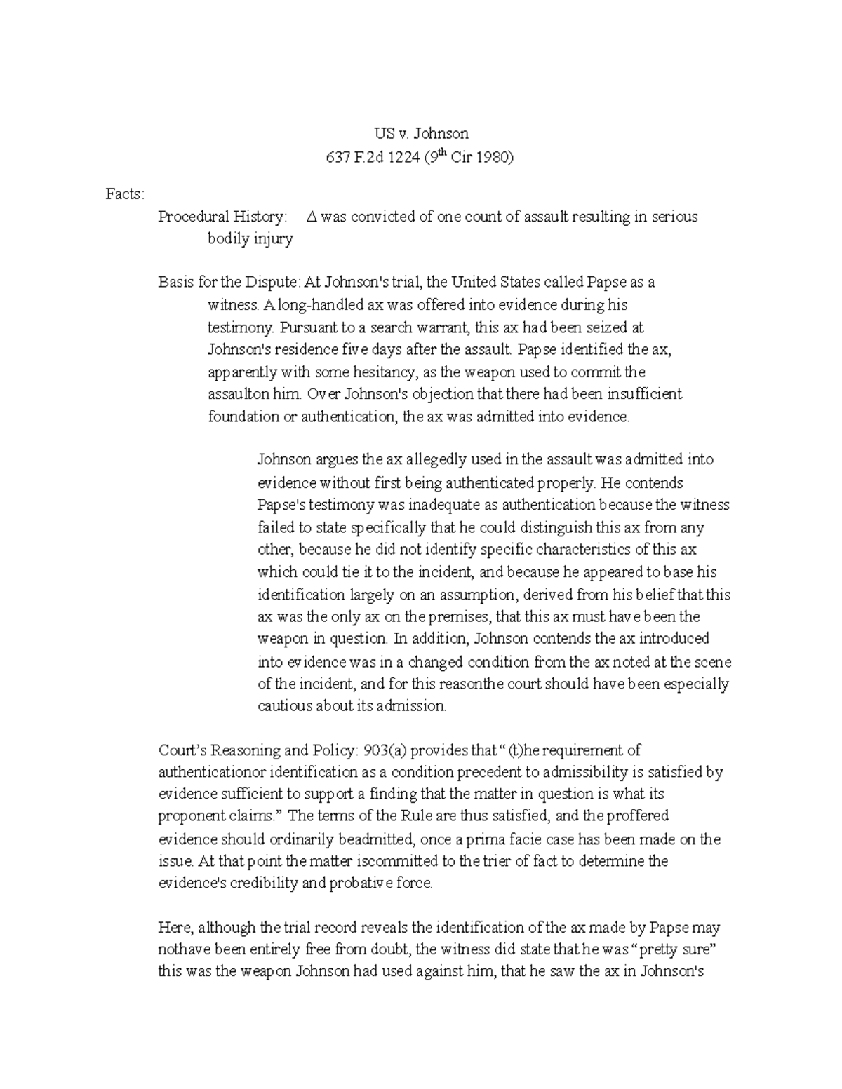 US v. Johnson case - US v. Johnson 637 F 1224 (9th Cir 1980) Facts ...
