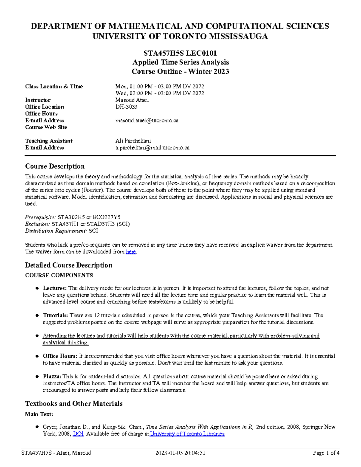 20231 STA457H5S LEC0101 syllabus - DEPARTMENT OF MATHEMATICAL AND ...