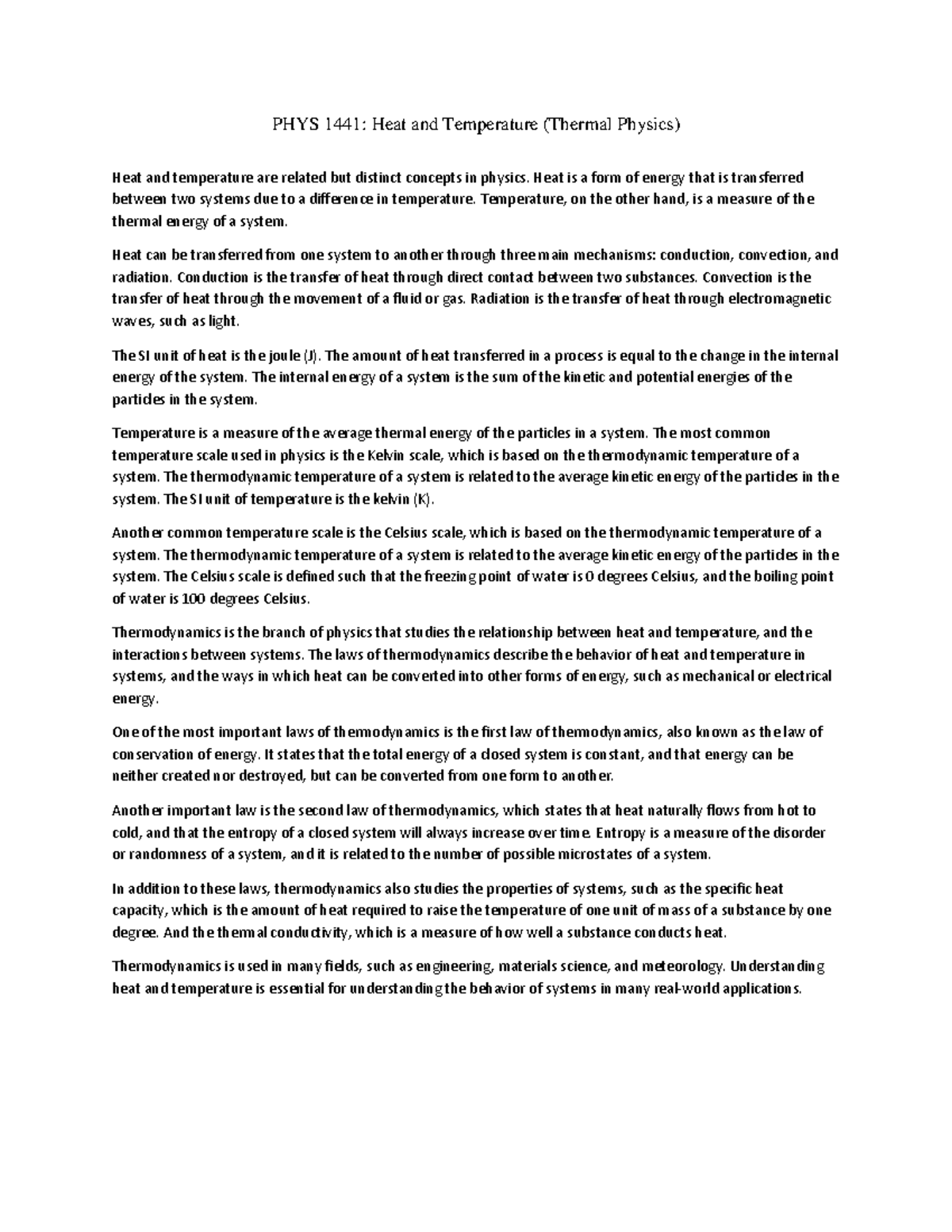 Heat and Temperature Introduction to Thermal Physics - PHYS 1441: Heat ...