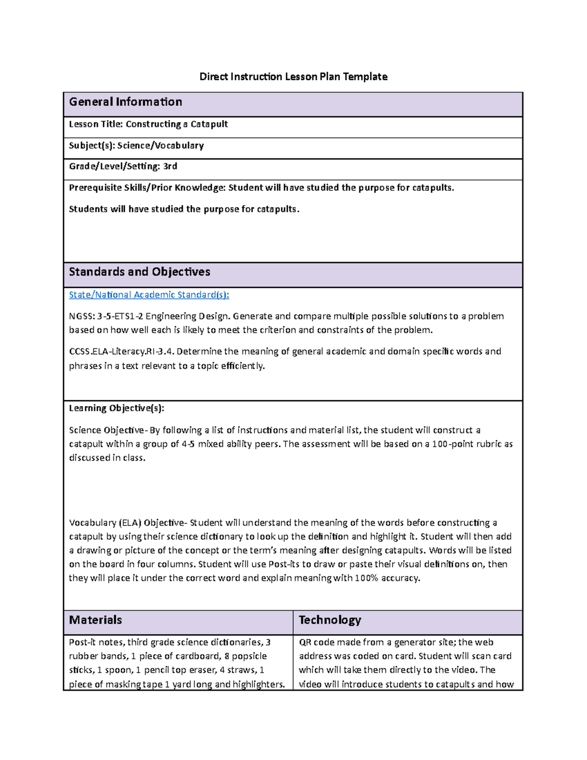 Disciplinary Literacy task one - Direct Instruction Lesson Plan ...