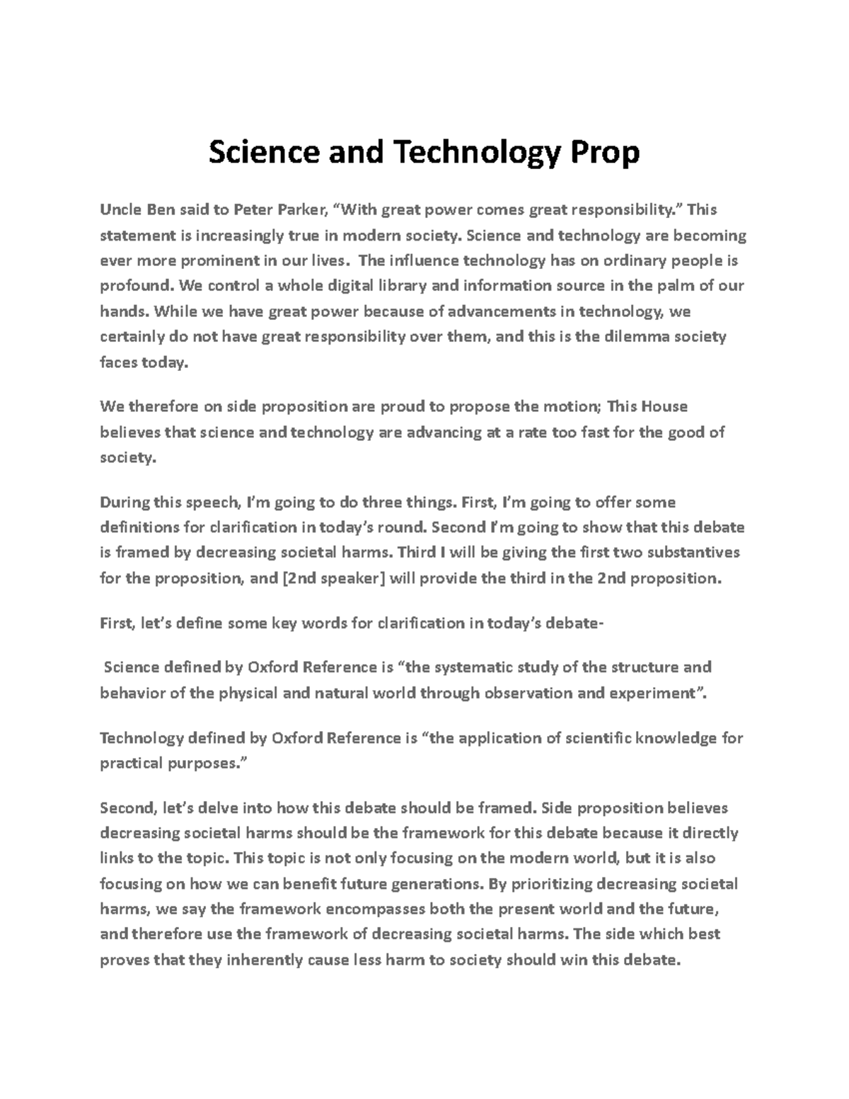 Science and Technology Prop - Speech 1 - Science and Technology Prop ...