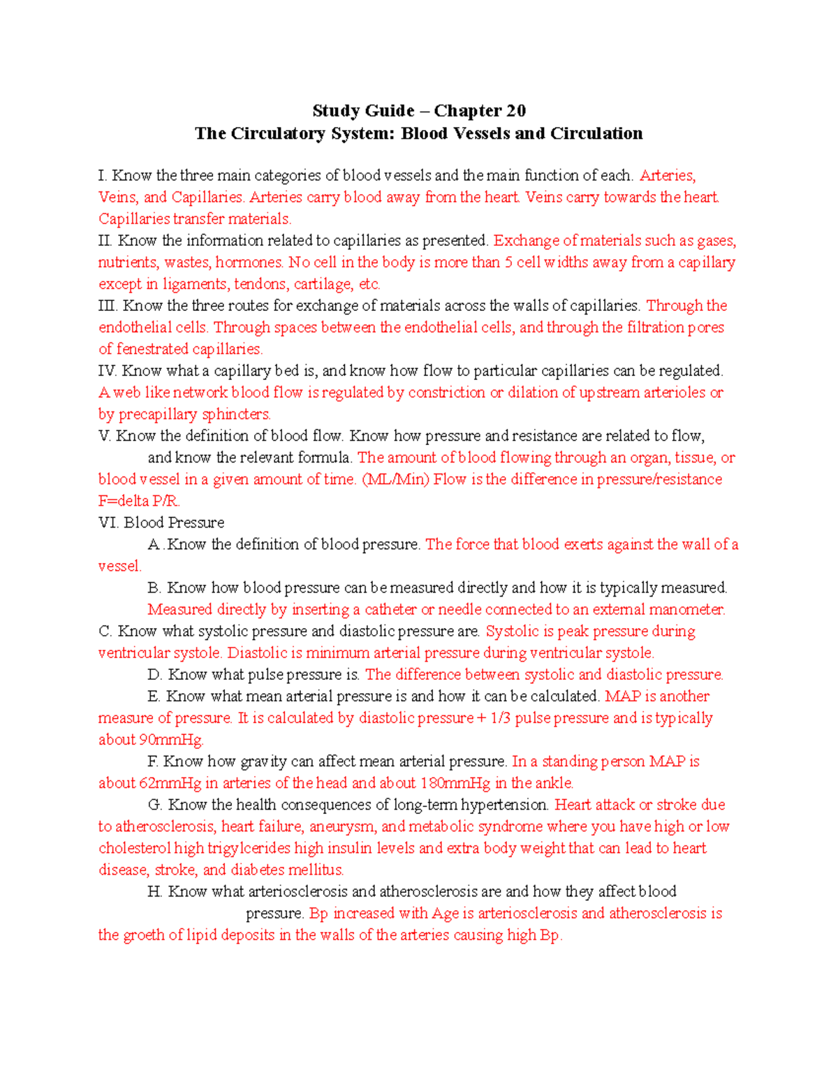 Study Guide - Chapter 20 F - Study Guide – Chapter 20 The Circulatory System: Blood Vessels and ...