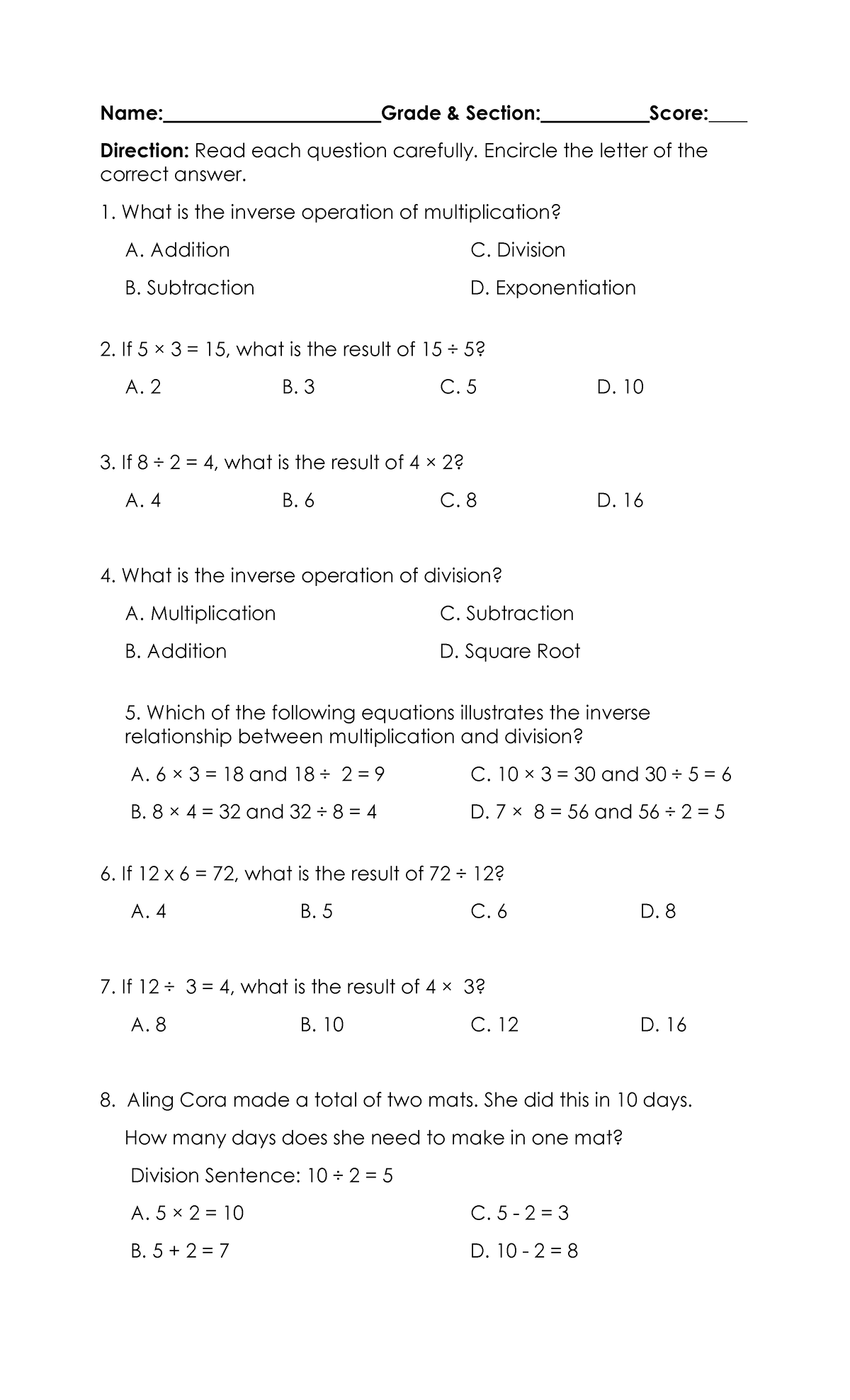 PRE TEST Grade 2 - Name: Grade & Section: Score:____ Direction: Read ...