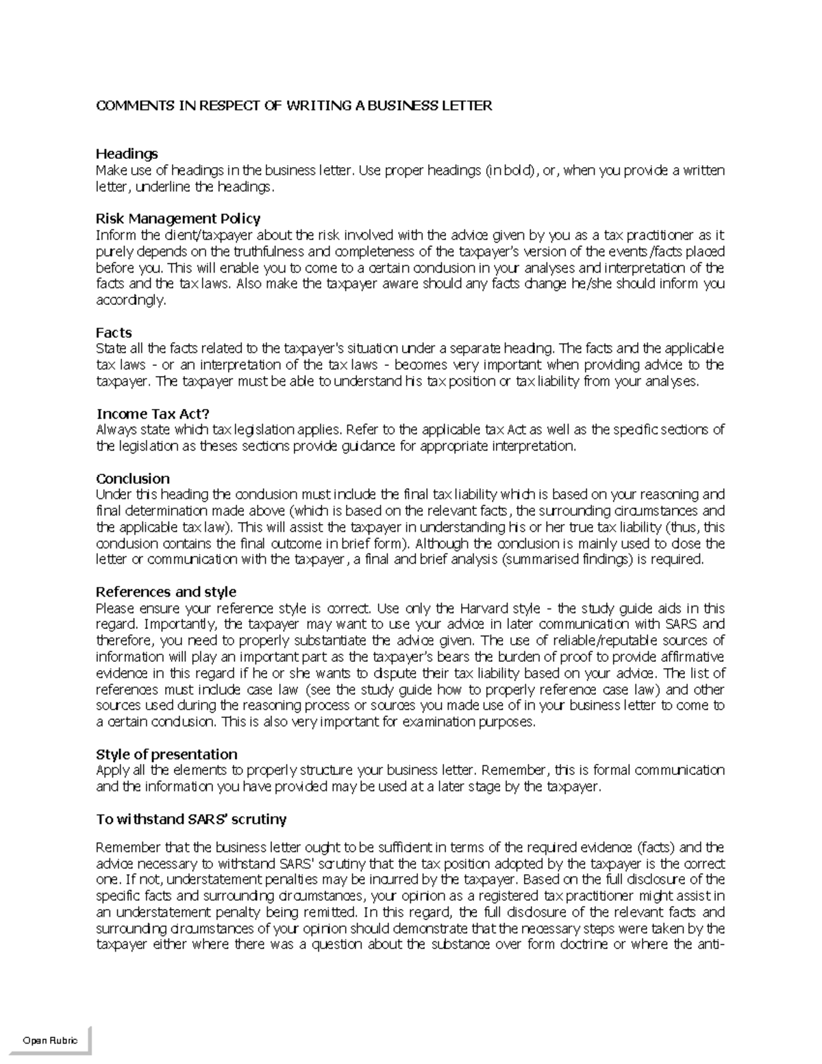 TAX3705 Assignment 1 Comments in addition to memo - COMMENTS IN RESPECT ...