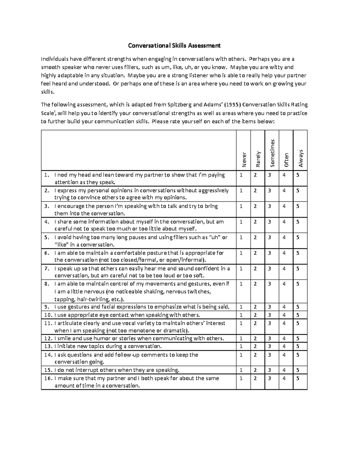 Conversational Skilla Assessment 1 - Conversational Skills Assessment ...