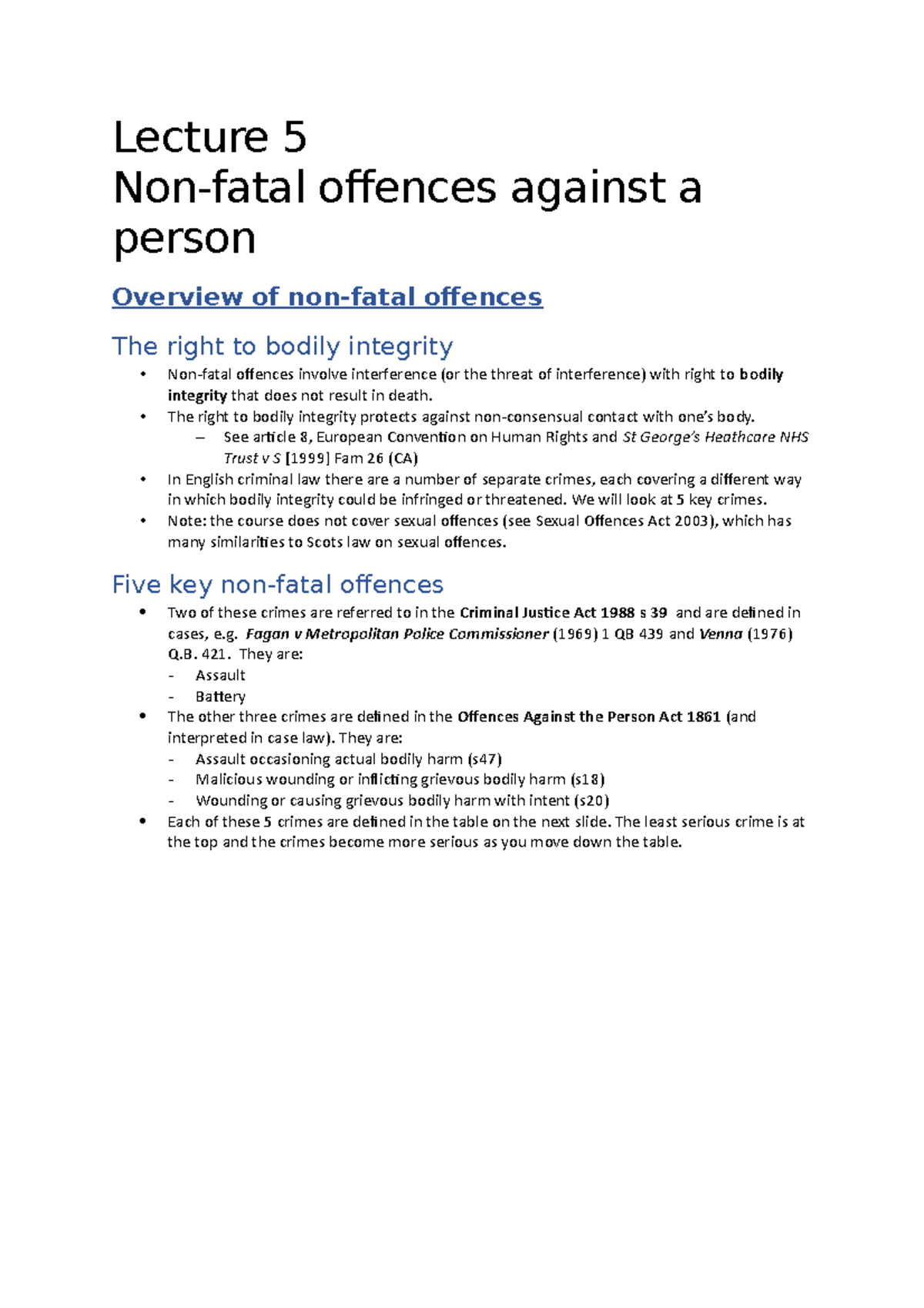 Lecture 5 – non-fatal offences against a person - Lecture 5 Non-fatal ...