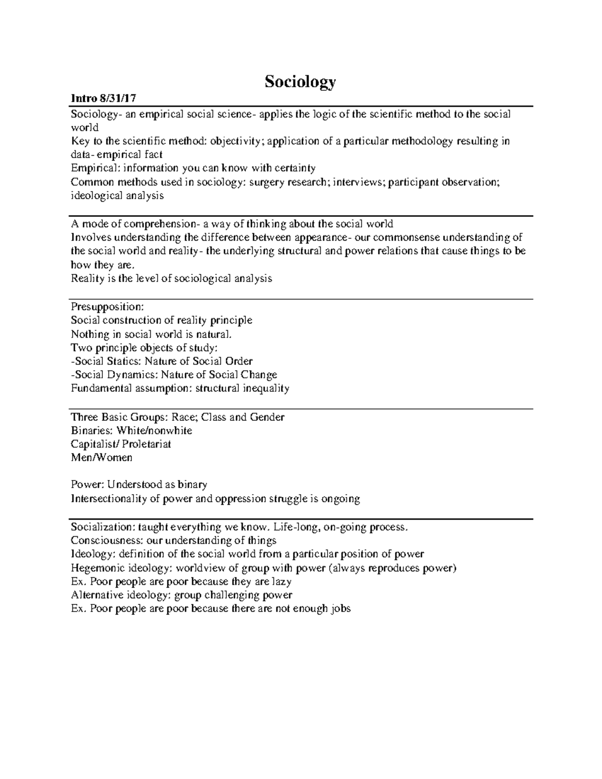 Sociology Course Notes - Sociology Intro 8/31/ Sociology- an empirical ...