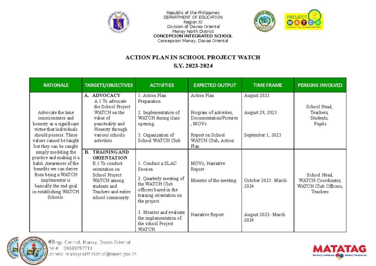 Action PLAN Watch - Bbb - RATIONALE TARGETS/OBJECTIVES ACTIVITIES ...