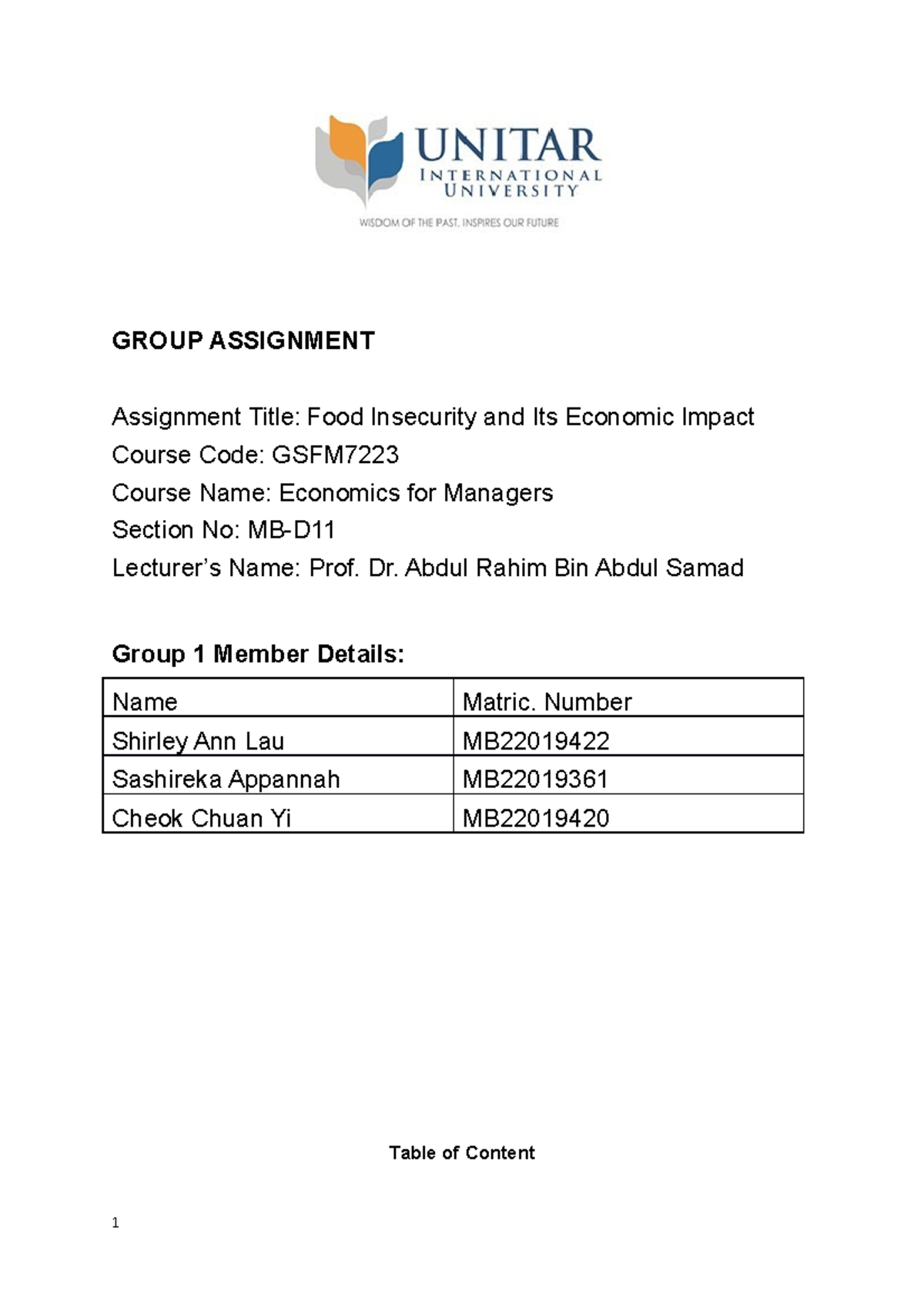 Assignment 1 Food insecurity Final V5 - GROUP ASSIGNMENT Assignment Title: Food Insecurity and ...