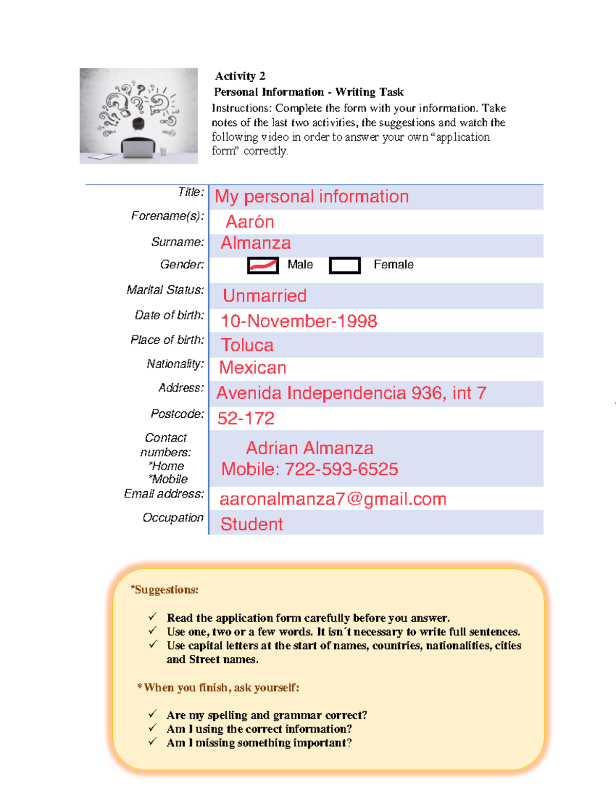 Activity 2 Your own information 2 presentacion - *Suggestions: Read the ...