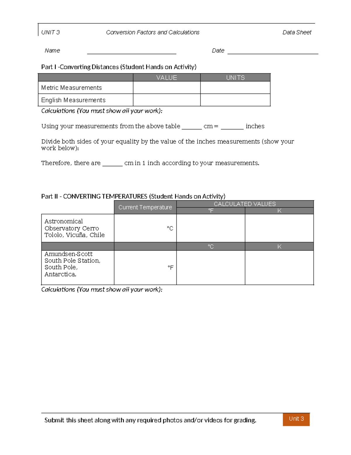 Unit 3 conversion factors and calculations data sheet - Name Date Part ...