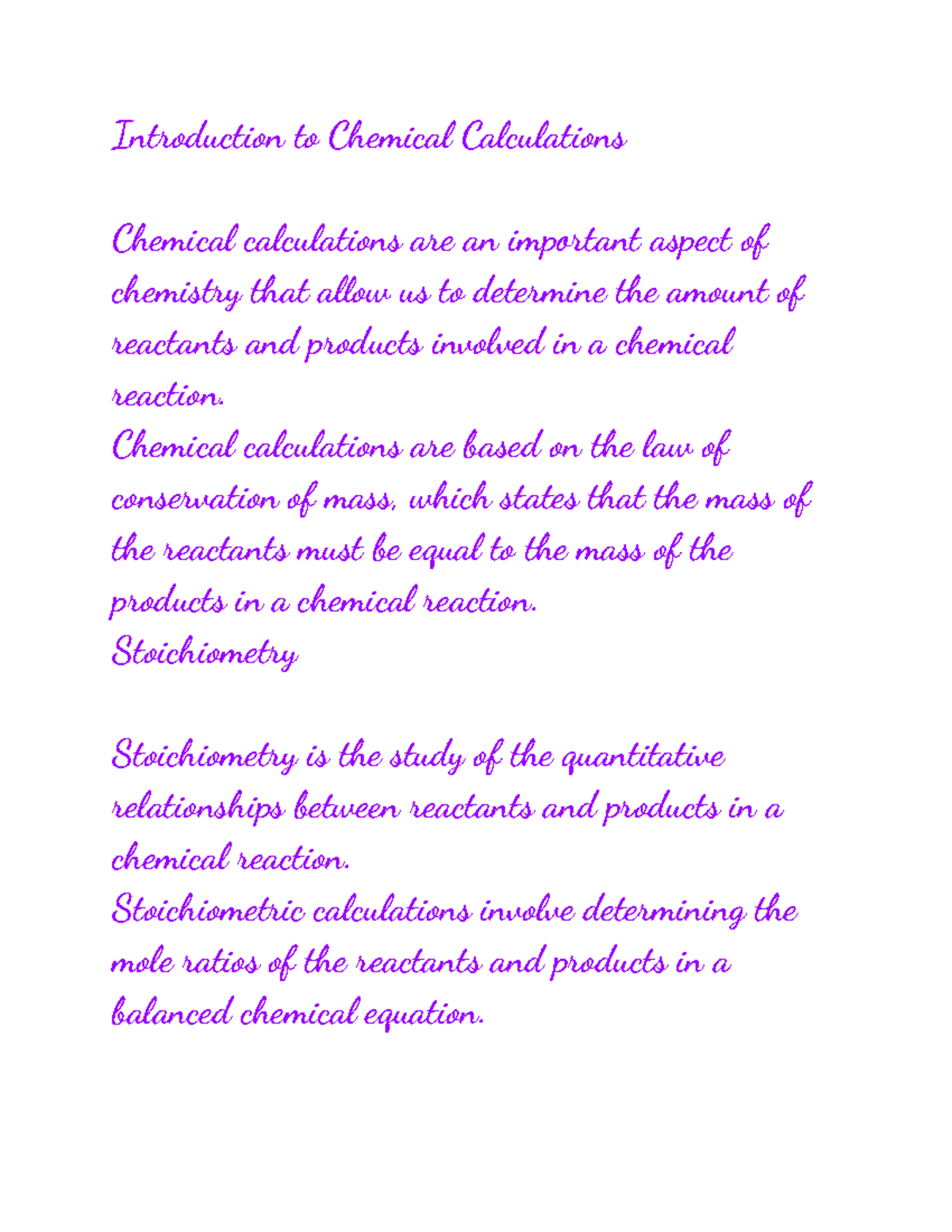 Lectures notes on Chemical Calculations - Introduction to Chemical ...