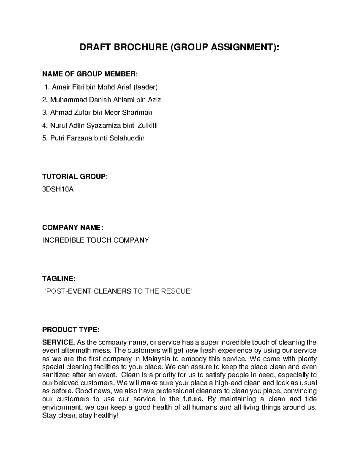 Incredible Touch Company Draft 2 - DRAFT BROCHURE (GROUP ASSIGNMENT ...