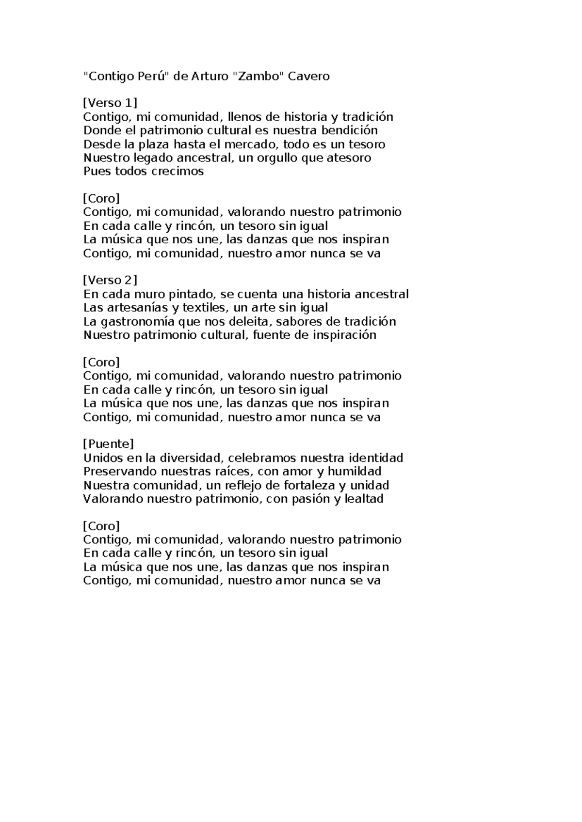 Contigo Perú - "Contigo Perú" de Arturo "Zambo" Cavero [Verso 1 ...