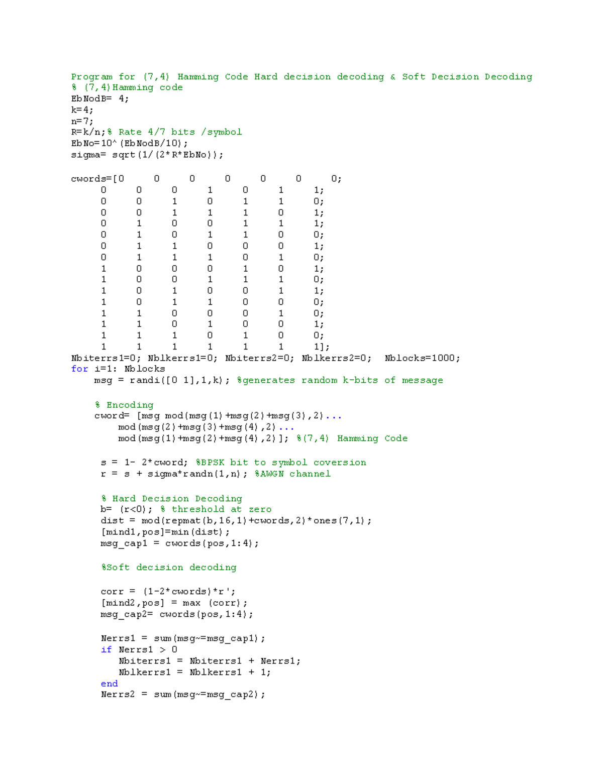 (7, 4) Hamming Codes - Program for (7,4) Hamming Code Hard decision decoding & Soft Decision ...