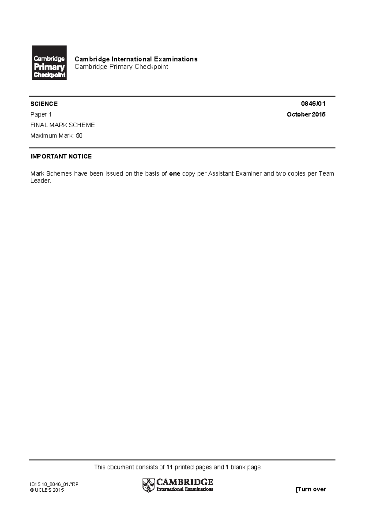 Primary Checkpoint Science 0846 October 2015 Paper 1 MS - This document ...