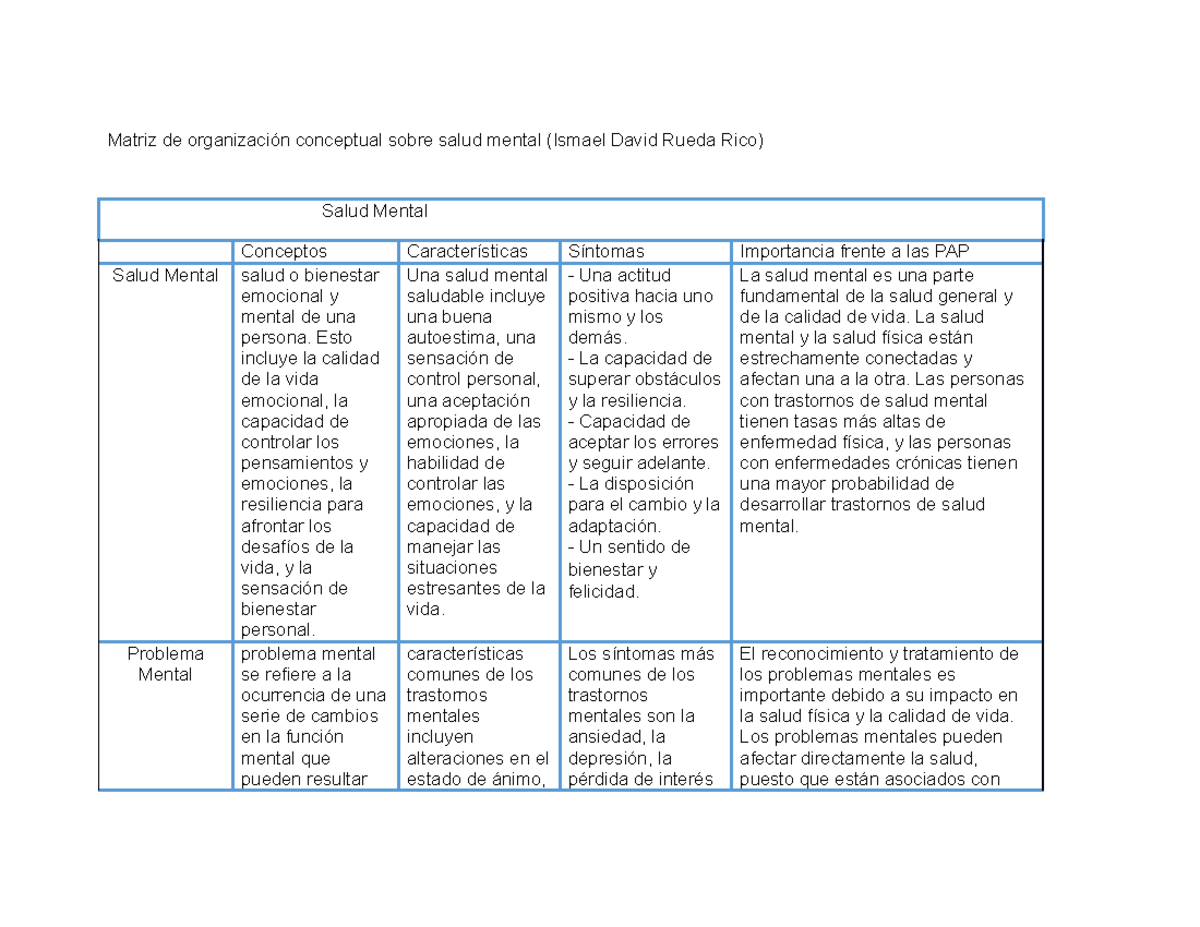 Plantilla Matriz de organización conceptual sobre salud mental - Matriz ...