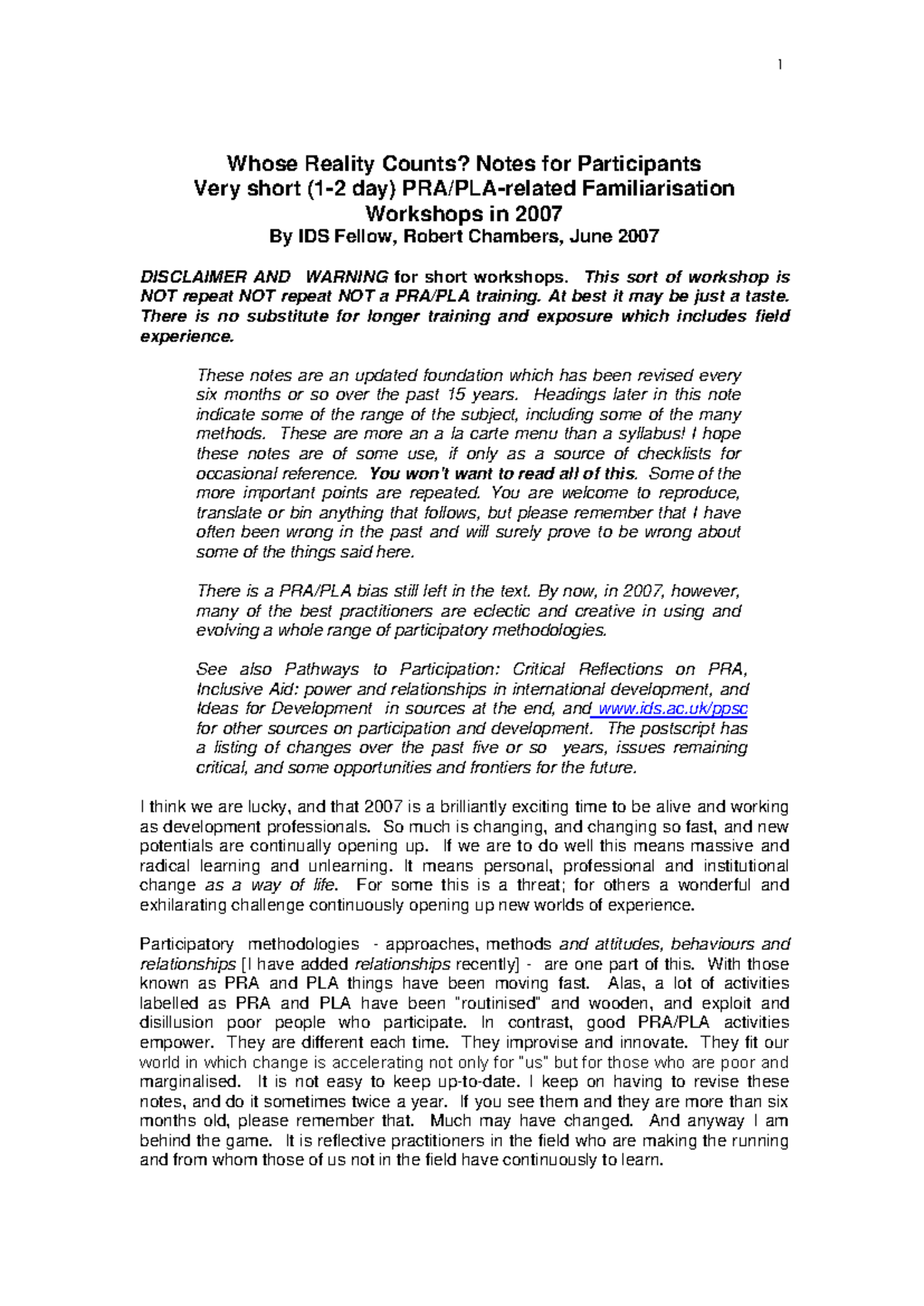 Chambers (2007 )RUAL Appraisal& Participatory Rural Appraisal - Whose ...