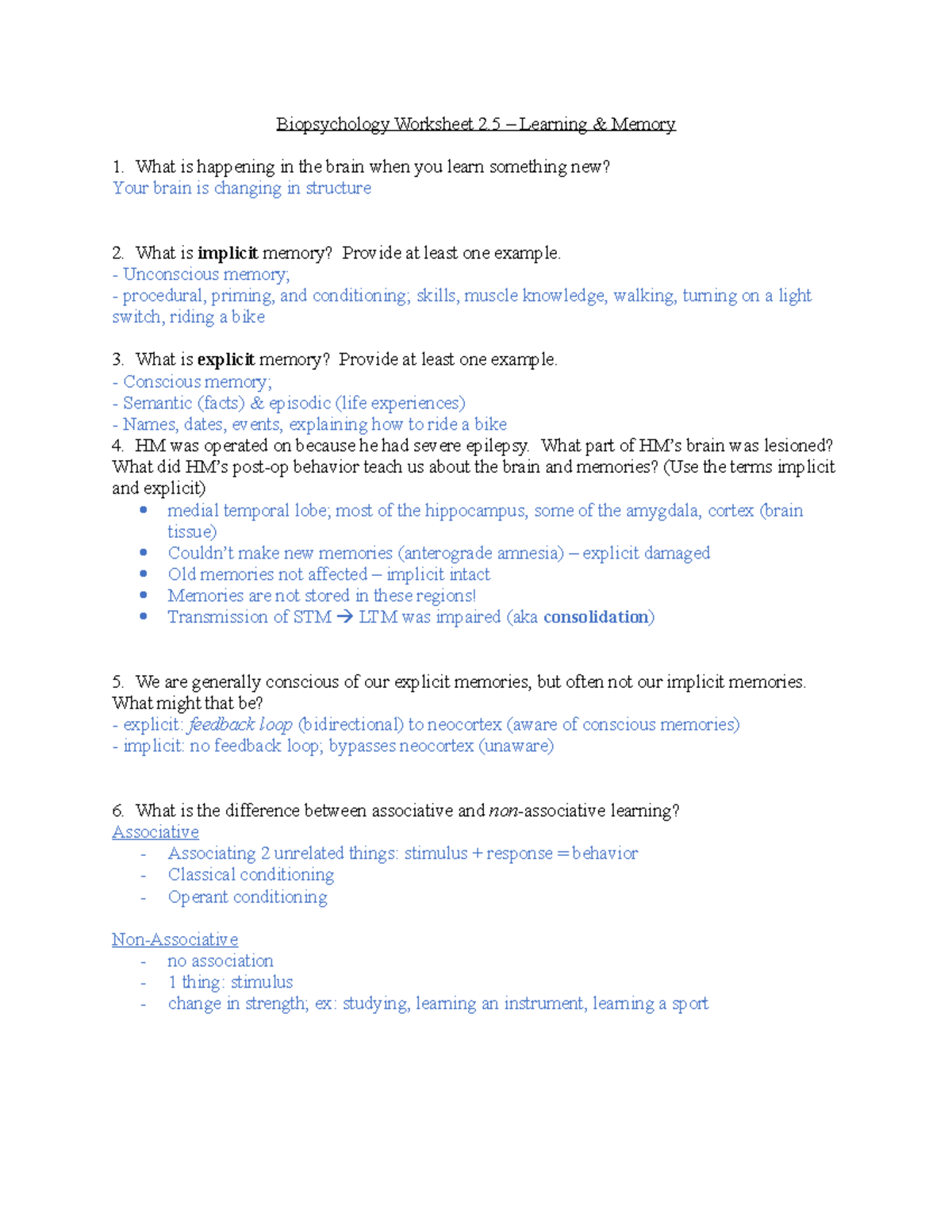Biopsychology Worksheet 2.5 Learning Memory - Studocu